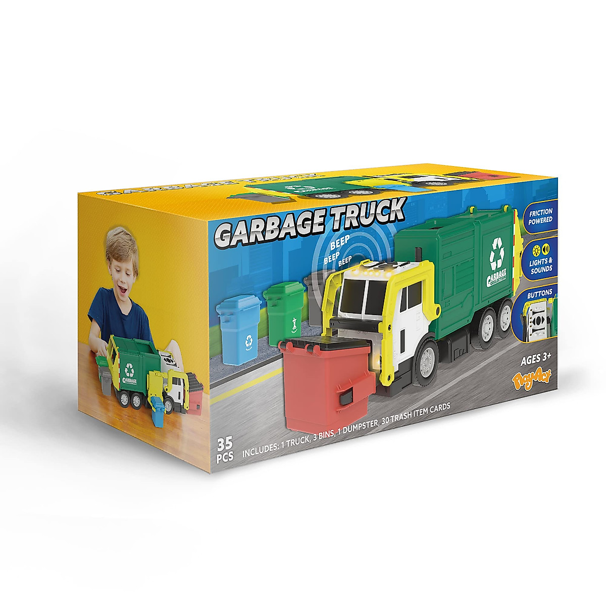 JOYIN Large Friction Powered Garbage Truck Toy Set, Includes Dumpster, Trash Bins, and Learning Cards for Kids