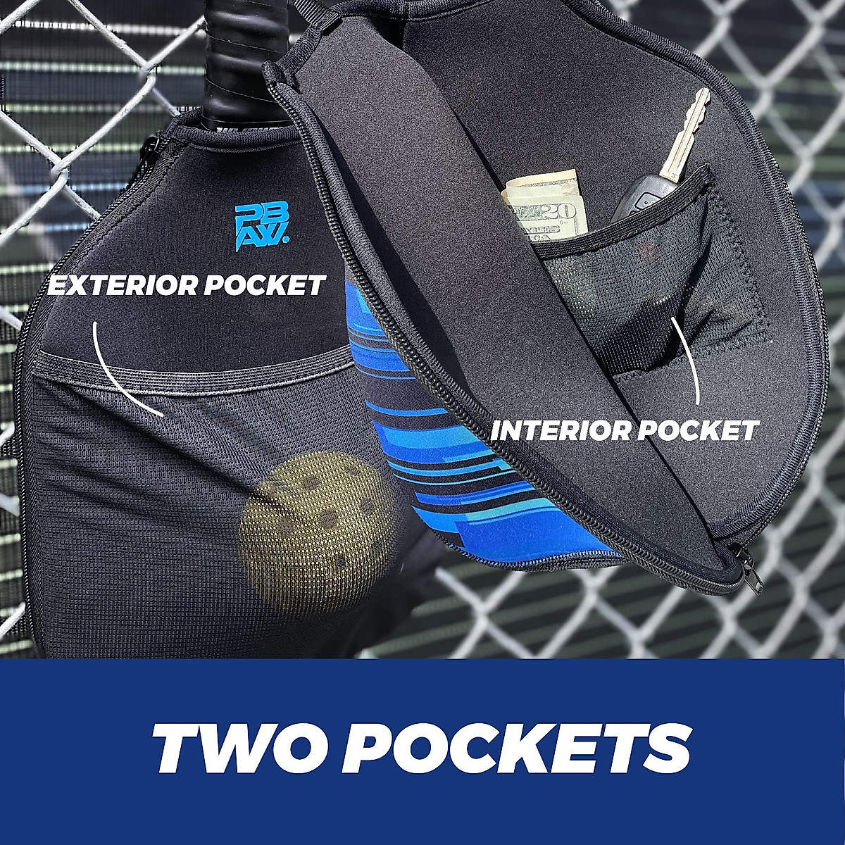 PBAW Neoprene Pickleball Paddle Cover - 2 Pockets - Fence Hook - Universal Size Case - Protective, Durable Sleeve - Protect Your Paddle from Scratches, Dings, Dents (Blue)