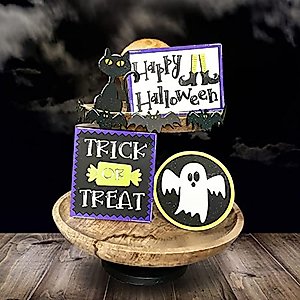 9 Pcs Halloween Tiered Tray Decorations,Halloween Signs for Halloween Home and Office Decor,Halloween Tray Decor with Witch Hat,Ghost,Bat,Tombstone,Pumpkin (7)