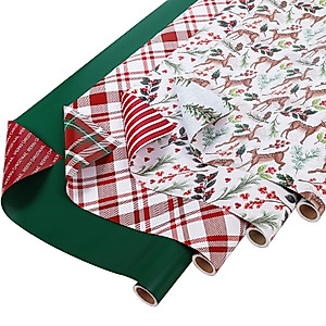 LaRibbons Reversible Christmas Wrapping Paper Sets, Classic Doe Floral/Plaid/Berries with 2 Trimming & 3 Gift Tags, Perfect for Season Party, Holiday, 30 Inch X 10 Feet (4Rolls, 100 sq.ft.ttl.)