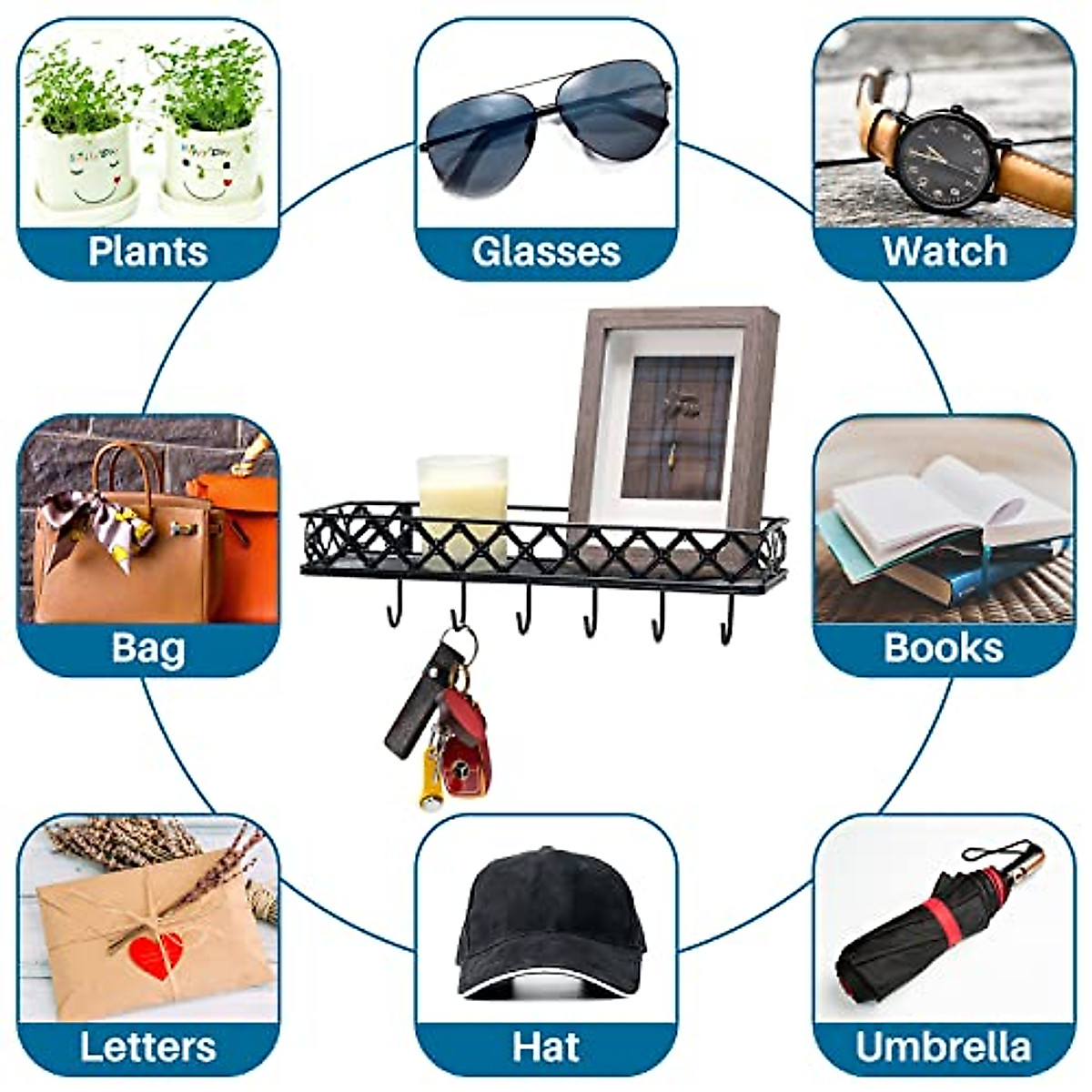 HOMERACK Key Holder for Wall, 6 Key Hooks, Wall Mount Key Rack with Mail Organizer, Metal Key Hanger for Entryway, Hallway, Office, Black