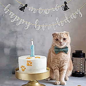 INNORU Cat Birthday Banner, Cat Happy Birthday Party Banner, Meow Garland Bunting, Pet Cat Birthday Party Decoration Silver Glitter