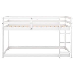 BIADNBZ Twin Over Twin Low Bunk Bed for Kids Teens Bedroom, Floor Wooden Bedframe with Built-in Ladder, Twin Size, White