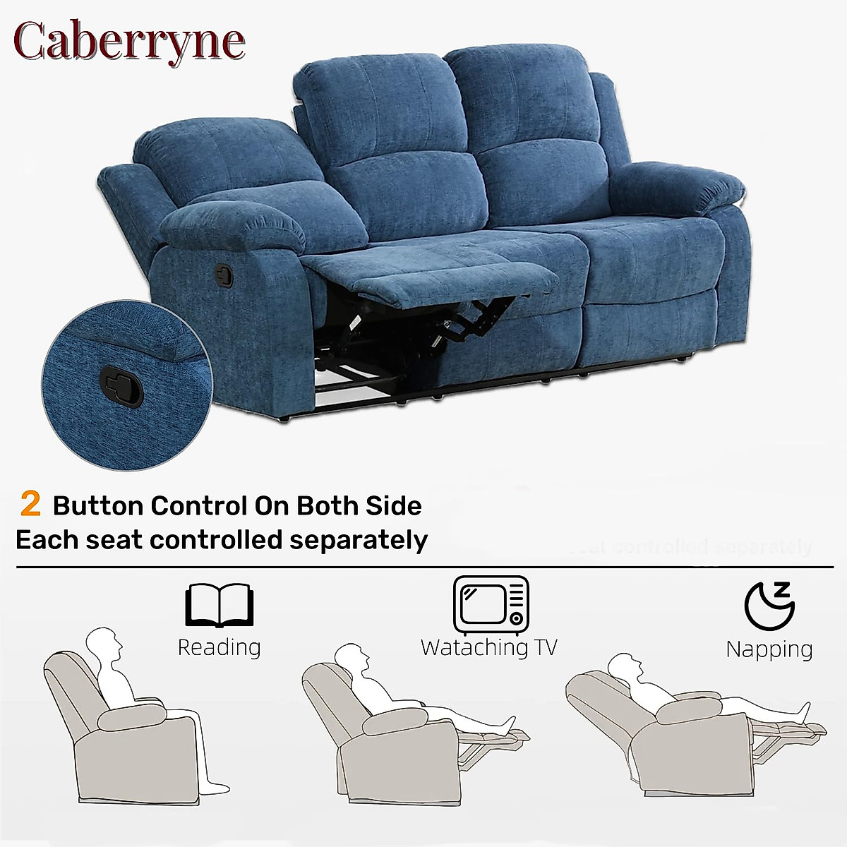 Caberryne Recliner Sofa for Living Room Furniture,Linen Fabric Blue Reclining Sofa 3 Seater Recliner Sofa Couch Reclining Sofa with Drop Down Table RV Sofa for Living Room(A-Linen Fabric Blue)