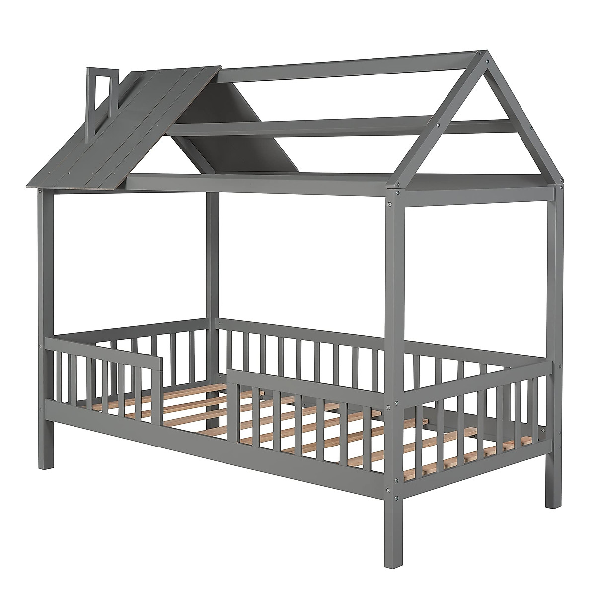 MERITLINE Twin House Bed Kids Montessori Beds Playhouse Tent Bed, Solid Wood Platform Bed Frame with Fence and Roof for Kids Teens Adults (Twin Size, Gray)