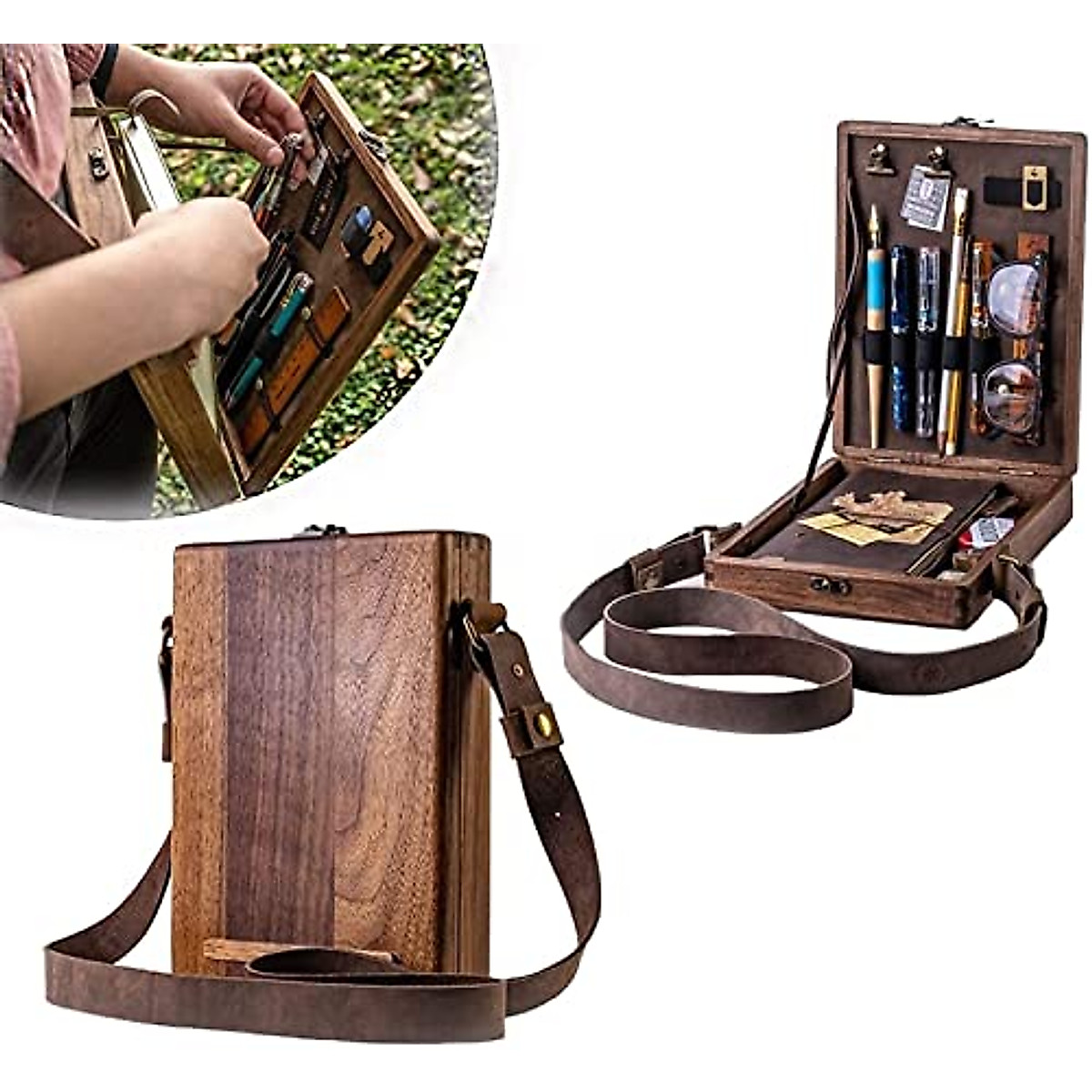 Writers Messenger Wood Box, Artist Tool and Brush Storage Box, Multifunctional Walnut Wooden Bag, Portable Wooden Handmade Craft Crossbody Postman Bag, Wood Craft Boxes for Writers or Painter (B)