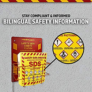 SDS Display Rack and Binder Set -Includes Bilingual Heavy Duty 3-Ring Binder with 3 Inch Capacity Holds Over 700 Sheets, Metal Wire Rack, Highly Visible Wall Mount Station, Detachable Chain and Hook, Mounting Hardware with Instructions