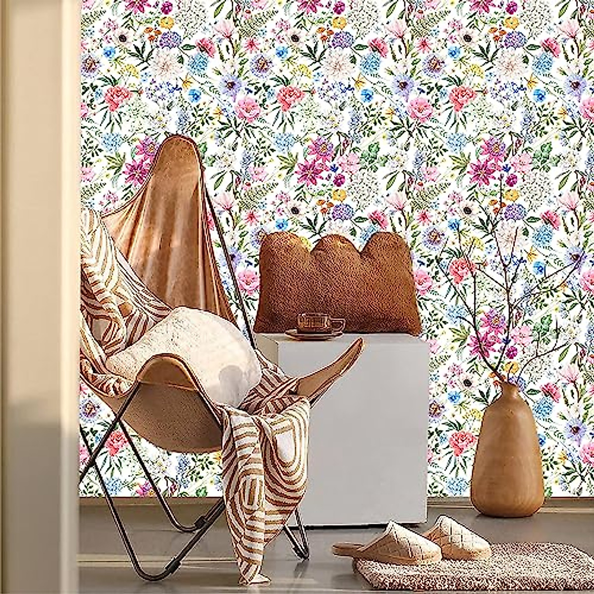 MuralPeel Boho Pink/White Colorful Flowers Floral Botanical Plants Peel and Stick Wallpaper Easy Peel Off Vintage Self Adhesive Removable Wall Paper for Kitchen Cabinet Furniture Renter Friendly