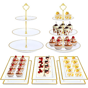 DI QIU REN 8PCS Cake Stand Set, Plastic Cupcake Stands with Gold Rim, Dessert Display Stands Set for Wedding Birthday Party Baby ShowerTea Party