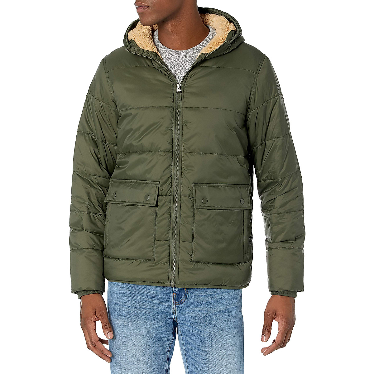 Amazon Essentials Men's Long-Sleeve Water-Resistant Sherpa-Lined Puffer Jacket, Dark Olive, Medium