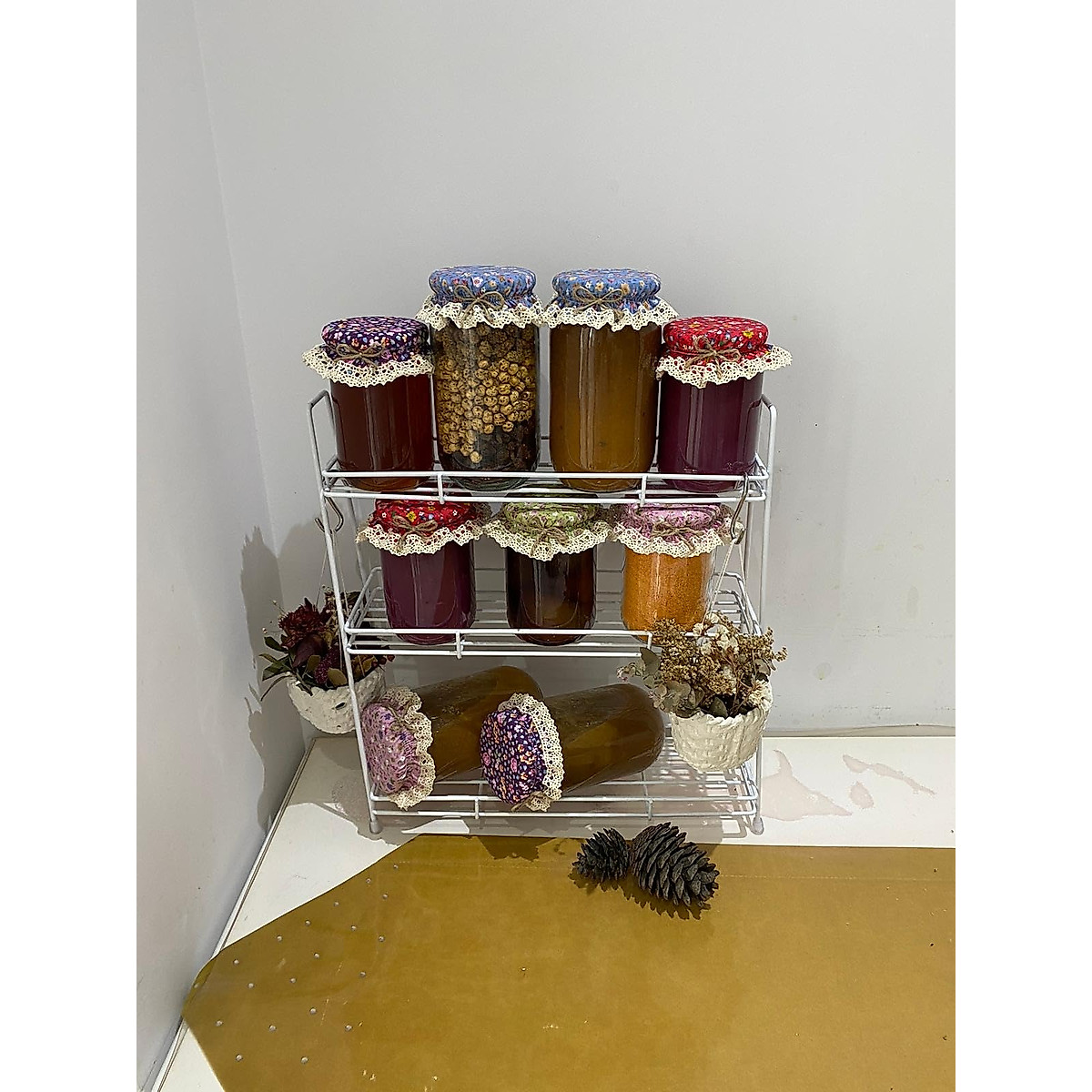 10 Pieces Elastic Jar Cover Cloth - 100% Cotton Jar Cover Cloth - Stretchy Colorful (Red,Blue,Yellow,Pink,Green) Flowered Pattern - Breathable Fermentation Lid Bowl - Reusable Elastic Cloth Jar Covers