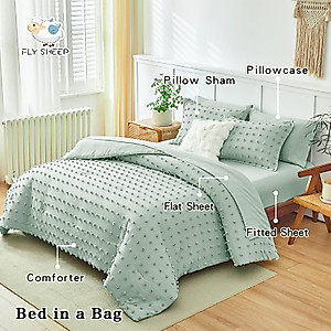 6 Pieces Tufted Dots Bed in a Bag Twin Comforter Set with Sheets Green , Soft and Embroidery Shabby Chic Boho Bohemian Comforters, Solid Color with Pom Pom Design, Jacquard Tufts Bedding Set for Kids