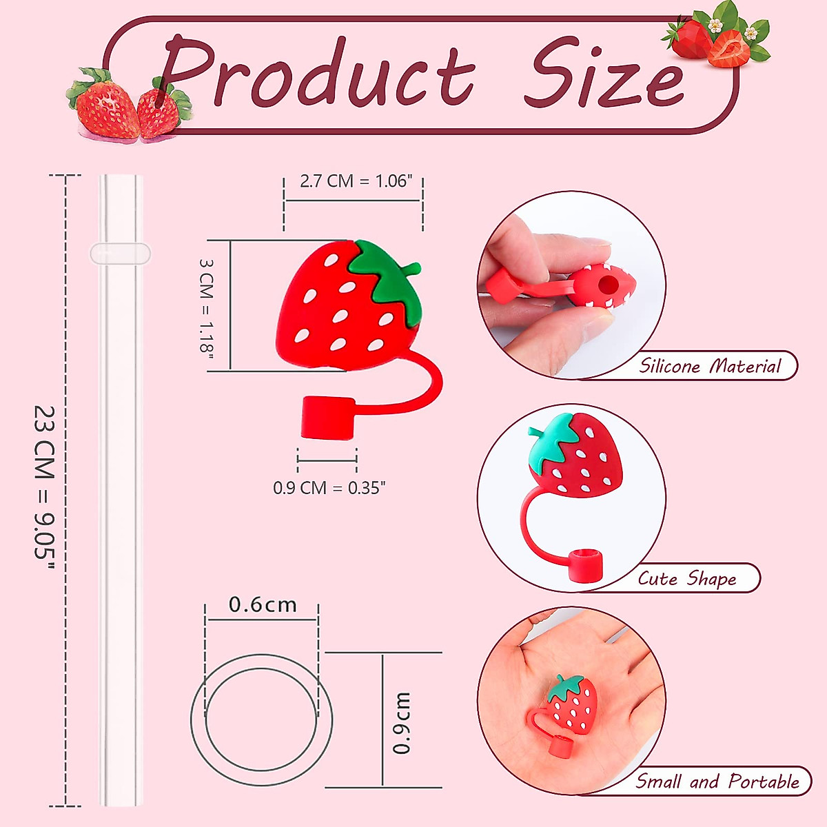 6 PCS Straw Covers Cap with 6 Reusable Drinking Straws,6-8mm Cute Flowers Fruit Straw Toppers for Normal Cup Silicone Straw Tip Covers Kawaii Drinking Dust-Proof Straw Plugs