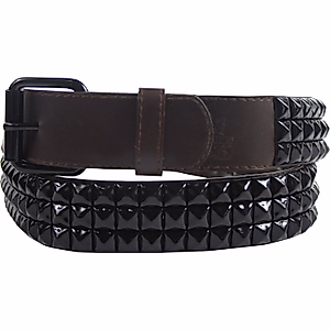 Brown 3 row pyramid studded leather belt W/black studs, XX-Large (Waist 41-45)