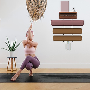 Yoga Mat Holder Wall Mount,Home Gym Equipment Accessories,Thick Accessories Meditation Yoga Mat,with Wood Floating Shelves and 4 Hooks for Hanging Foam Roller and Resistance Bands at Fitness Class or