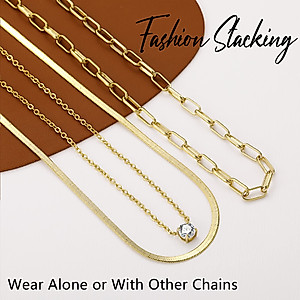 17 MILE Gold Layered Choker Necklace for Women, 14K Real Gold Plated CZ Pendant Necklace, Dainty Flat Snake Chain Layering Necklace