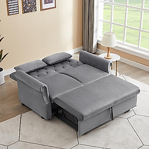 Velvet Pull Out Sleeper Sofa Bed, Convertible Futon Couch Bed with Adjustable Backrests, 3 in 1 Modern Tufted Loveseat with Retro Rivet, Small Love Seat for Living Room, Guest Room, Gray