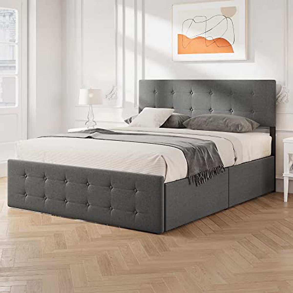 Alkmaar Upholstered Queen Size Platform Bed Frame with 4 Storage Drawers,Grey Queen Size Platform Bed Frame with Headboard and Wooden Slats Support,No Box Spring Needed (Queen)