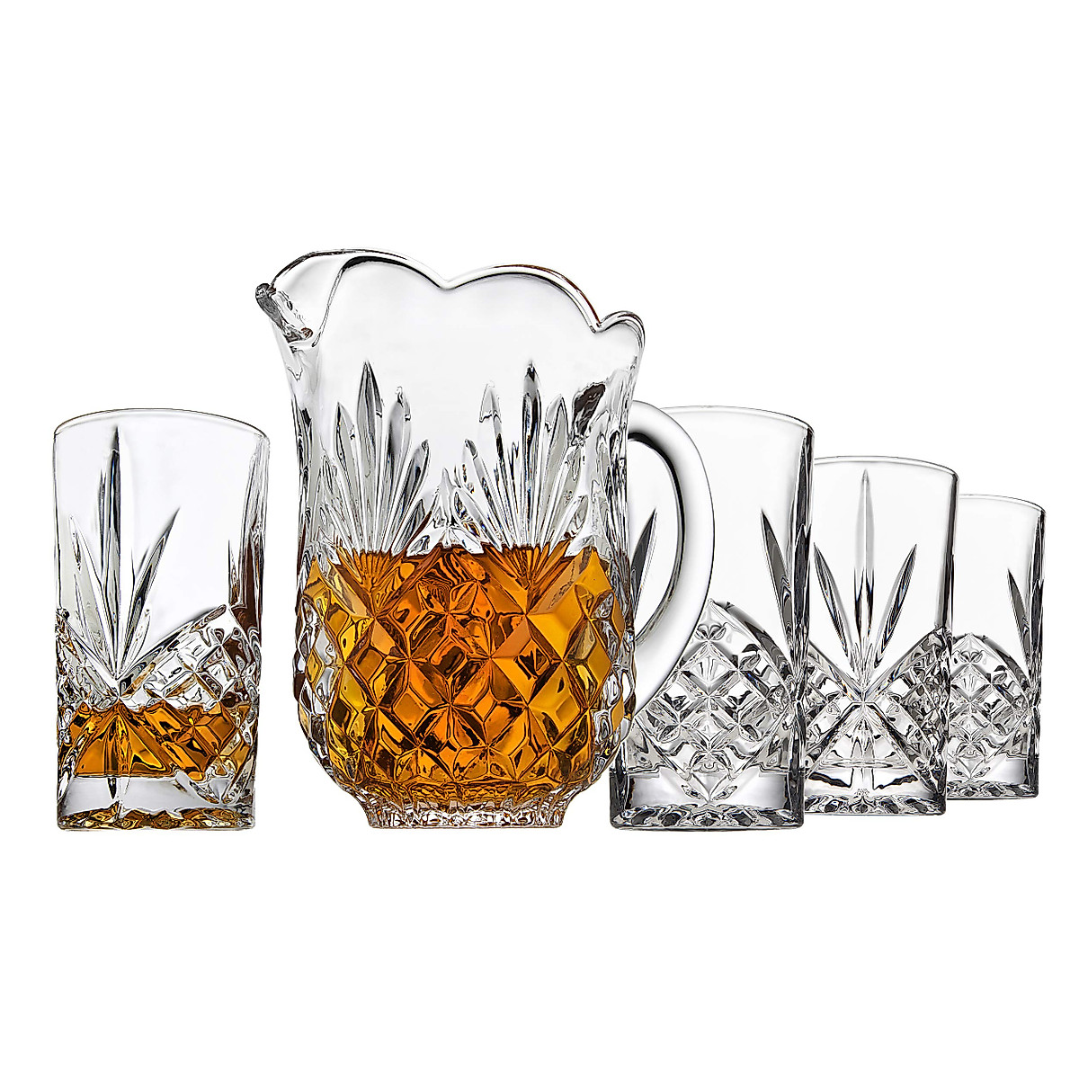 Elegant Crystal Pitcher Drinkware Set with 4 Crystal highball Tumblers, Beautiful Jug with handle and Spout for Chilled Beverage Homemade Juice, Iced Tea or Water