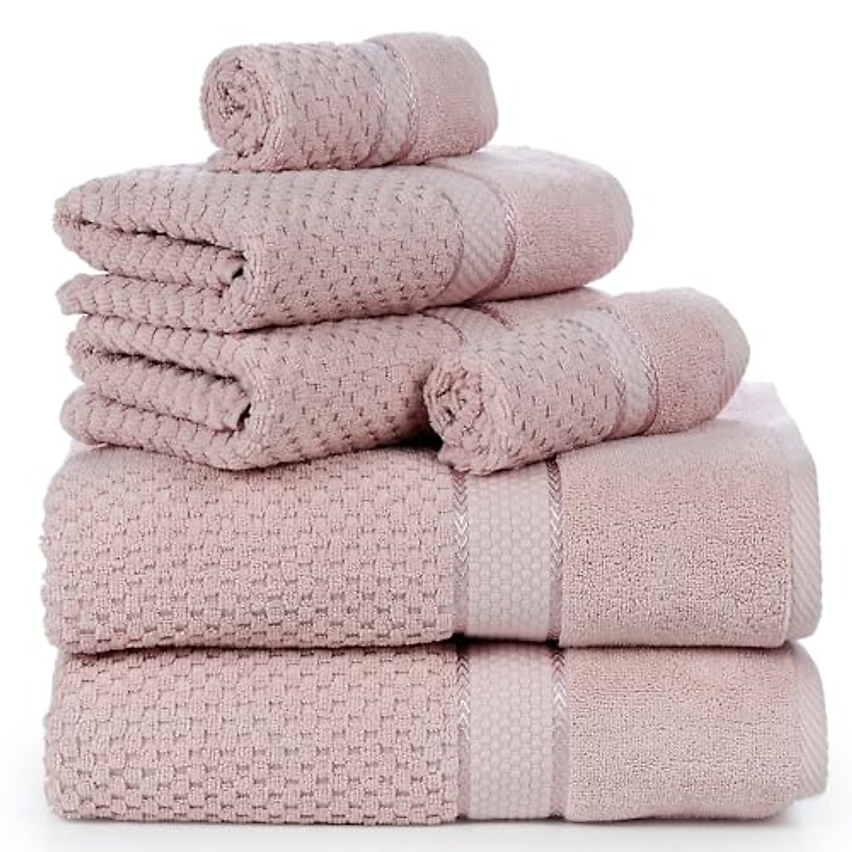Ample Decor 100% Cotton 6 Pcs Bath Towel Set, Luxury Bath Towels for Bathroom - 2 Bath Towels, 2 Hand Towels, 2 Washcloths - Soft Pink