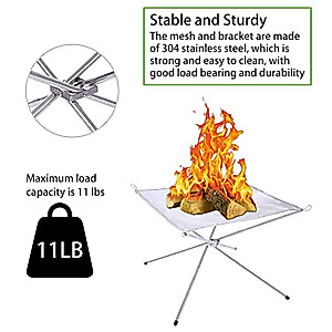 Meshscreen Portable Outdoor Fire Pit 16.5 Inch, Foldable Stainless Steel Outdoor Camping Wood Burning Accessories for Outdoor, Camping, Garden, Backyard