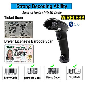 TEEMI Bluetooth Barcode Scanner with USB Charging Cradle Data Receiver, 1D 2D QR Wireless Imager with Vibration Alert for iOS Android Devices, BT 5.0 Longer Transfer Range, Handsfree Screen Scanning