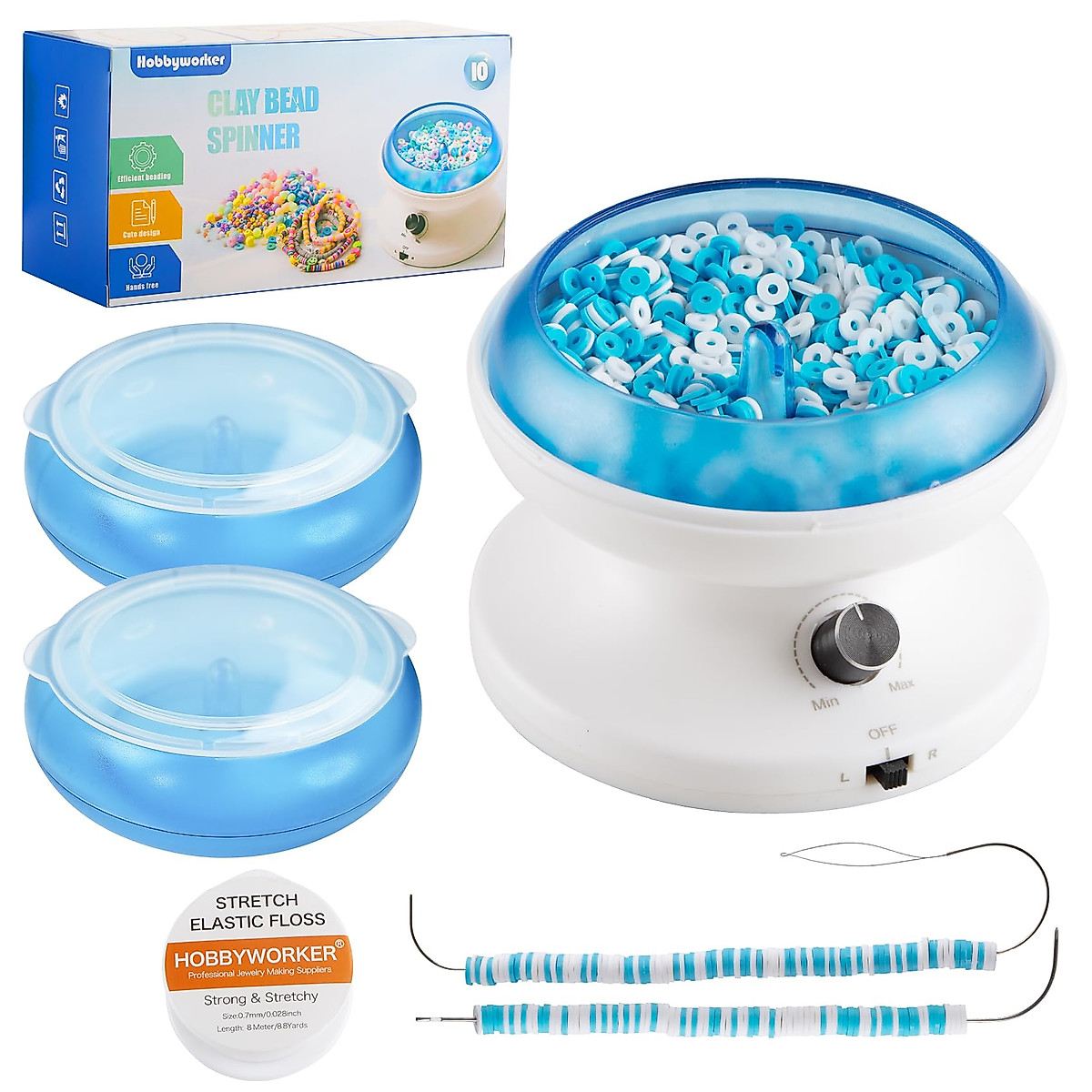 Hobbyworker Electric Clay Bead Spinner Kit with 3pcs Bead Trays 2pcs Bead Spinner Needles, 1000pcs Clay Beads and 1300pcs Seed Beads 8m Elastic Cord for Bracelet Necklace Jewelry Making (Patented)