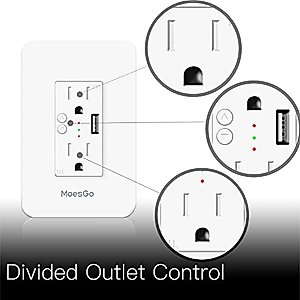 MoesGo Smart Power Wall Outlet with USB, WiFi Socket with 2 Plug outlets 15 Amp Divided Control, Smart Life/Tuya APP Remote Controller, ETL Certified, Work with Alexa and Google Home, No Hub Required