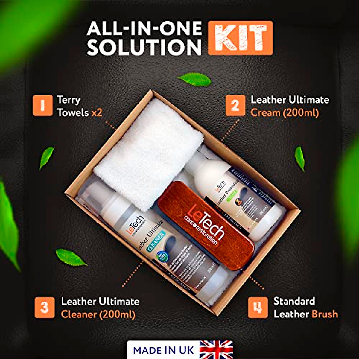 Letech Leather Cleaner for Car Interior 6.8 oz, 4-Piece Shoe Leather Care Kit, Leather Conditioner for Furniture 200 ml, Leather Furniture Cleaner and Conditioner with Cream, Brush, Towel