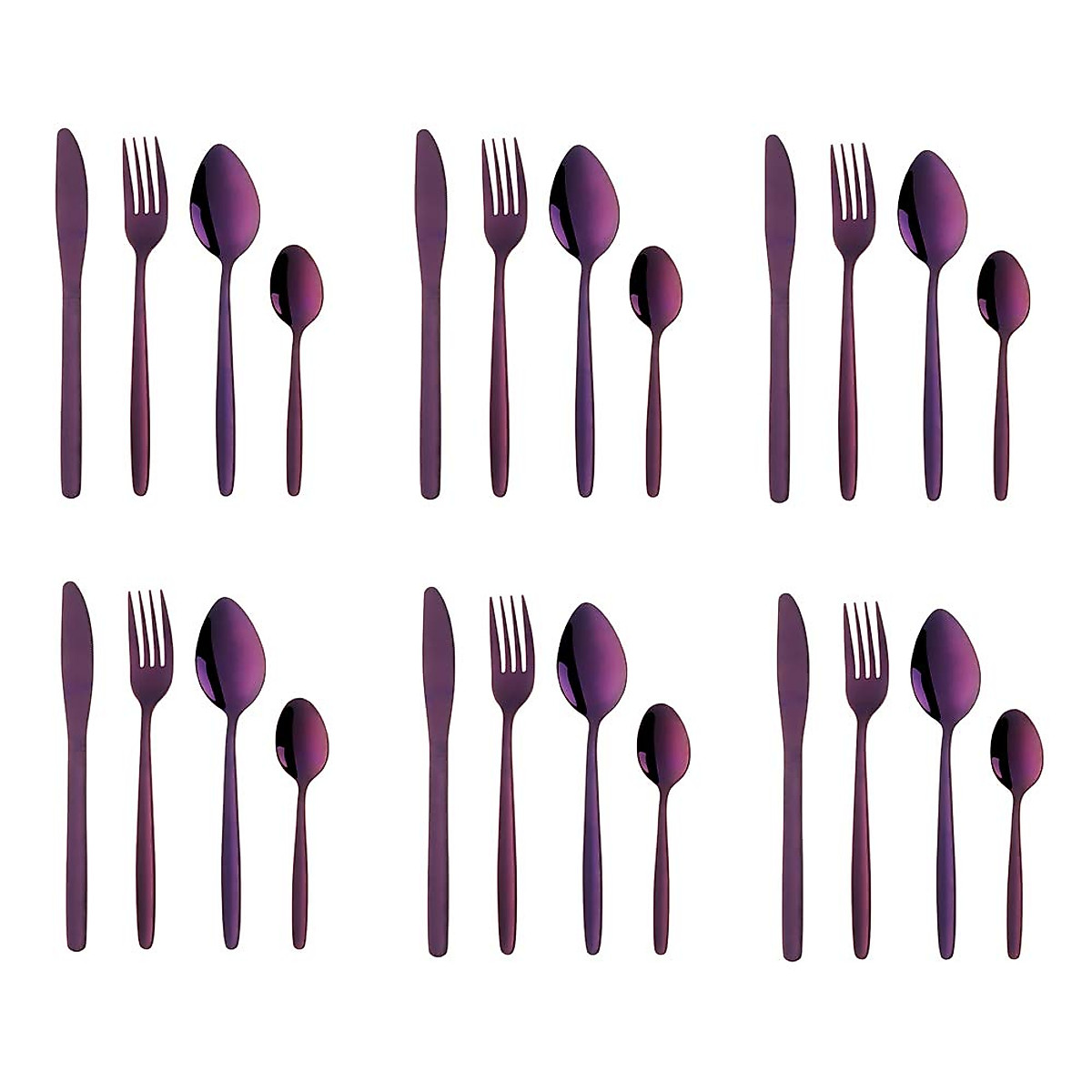 Purple Silverware Set, BuyGo 24-Piece Stainless Steel Camping Flatware Dinnerware Set for 6, Hand Polish, Dishwasher Safe