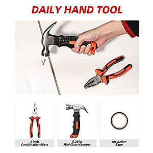 DIFFLIFE Tool Sets Household Tool Kit, 14-Piece General Home/Auto Repair Tool Set with Hammer, Pliers, Screwdriver Set and Toolbox Storage Case - Perfect for Homeowner, Diyer, Handyman (14-Piece)…