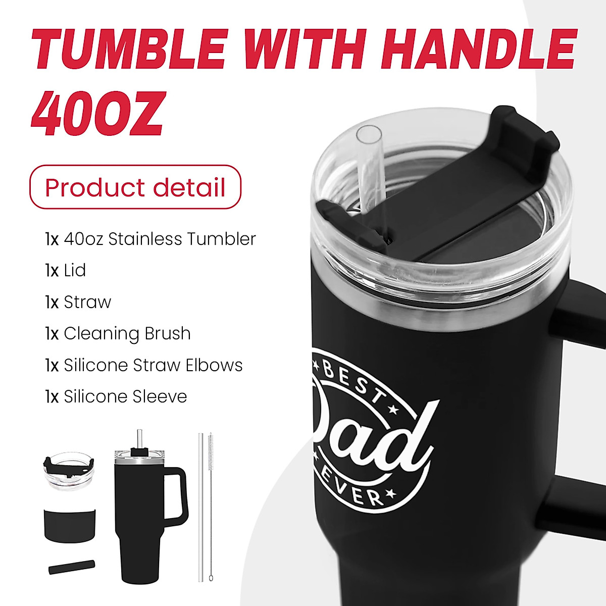 SANDJEST Best Dad Ever Tumbler with Handle - 40oz Stainless Steel Insulated - Dad Gifts for Daughter & Son - Coffee Tumbler for Father's Day, Birthday, Christmas - Cup Gift Set with Lid & Straw