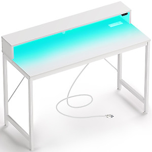 Rolanstar Computer Desk 39 inch with LED Lights & Power Outlets, Home Office Desk with Monitor Shelf, Gaming Desk, Writing Desk, Study Desk for Student & Kids, White