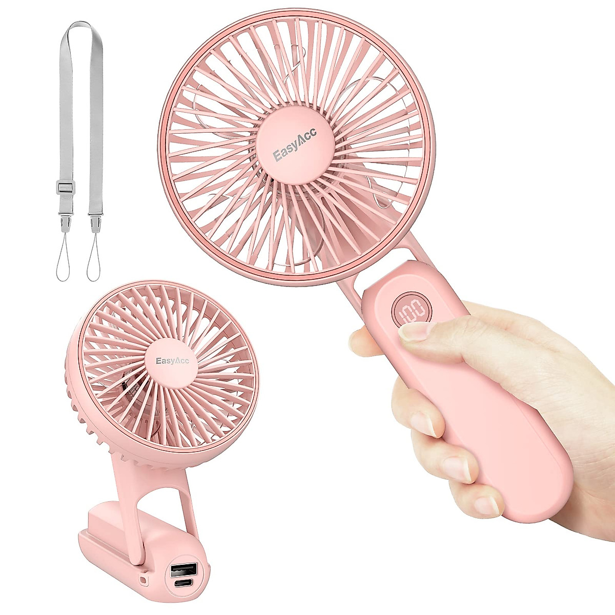 EasyAcc Portable Hand Held Fan, Ultra Quiet 5 Speed Personal Fan, LED Dispay USB C Rechargeable Handheld Fan, 180° Foldable Small Desk Fan, Electric Cooling Fan&PowerBank for Office Home Travel
