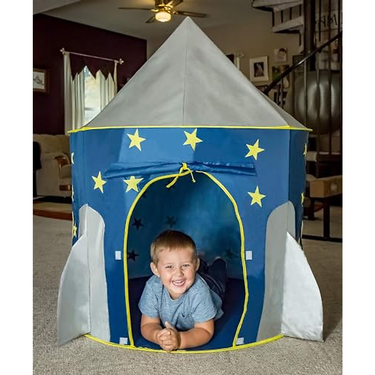 FoxPrint Rocket Ship Tent - Space Themed Pretend Play Tent - Space Play House - Spaceship Tent For Kids - Foldable Pop Up Star Play Tent Blue