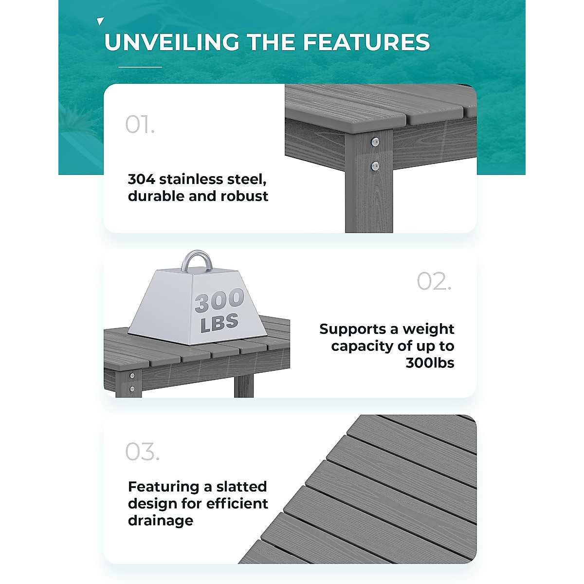 SERWALL HDPE Patio Coffee Table, Rectangle Outdoor Coffee Table, All Weather Patio Table for Deck, Pool, Balcony, Indoor or Outdoor Use, Grey
