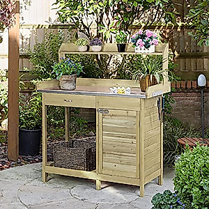 Yaheetech Outdoor Potting Bench Table, Garden Work Bench w/Metal Tabletop Work Station w/Cabinet Drawer, Open Top&Lower Shelf, Handy Hooks, ACQ Lumber Wood, Light Green