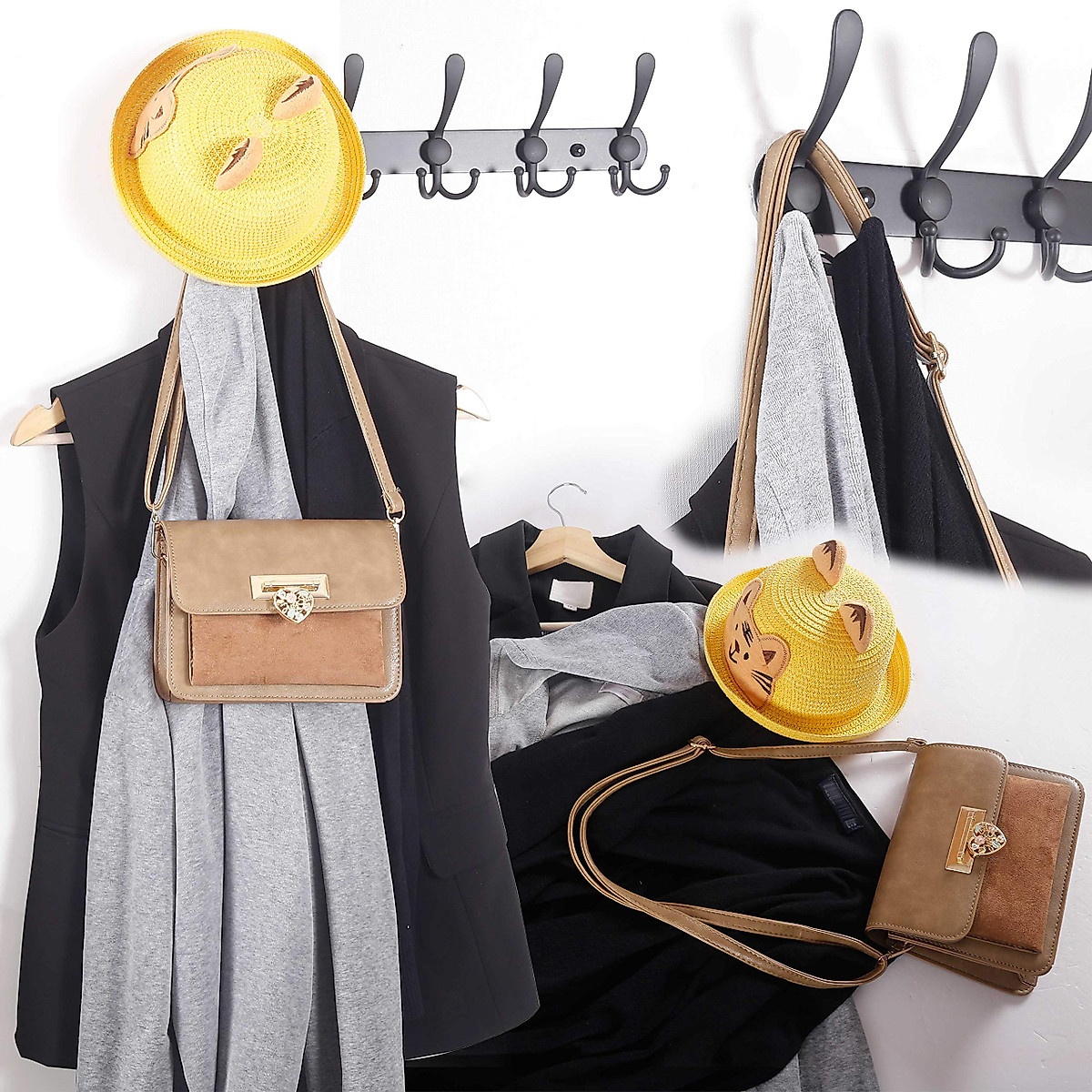 WEBI Coat Rack Wall Mount Long,8 Tri Hooks for Hanging Coats,30 inch Hook Rack,Hook Rail,Coat Hanger Wall Mount for Clothes,Jacket,Hats,Black,2 Packs