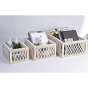 Macrame Storage Baskets for Shelves and Closet, Boho Decorative Boxes for Home Decor, Perfect Pampas Grass Holder at Living Room(White, Set of 3)