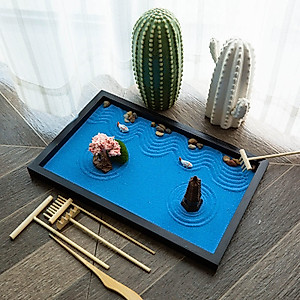 Zen Garden - Zen Garden Decor for Desk, 12.6x7.9'' Zen Garden for Home, Office Desktop Accessories, Mini Zen Garden Kit for Relaxation and Meditation (Blue)