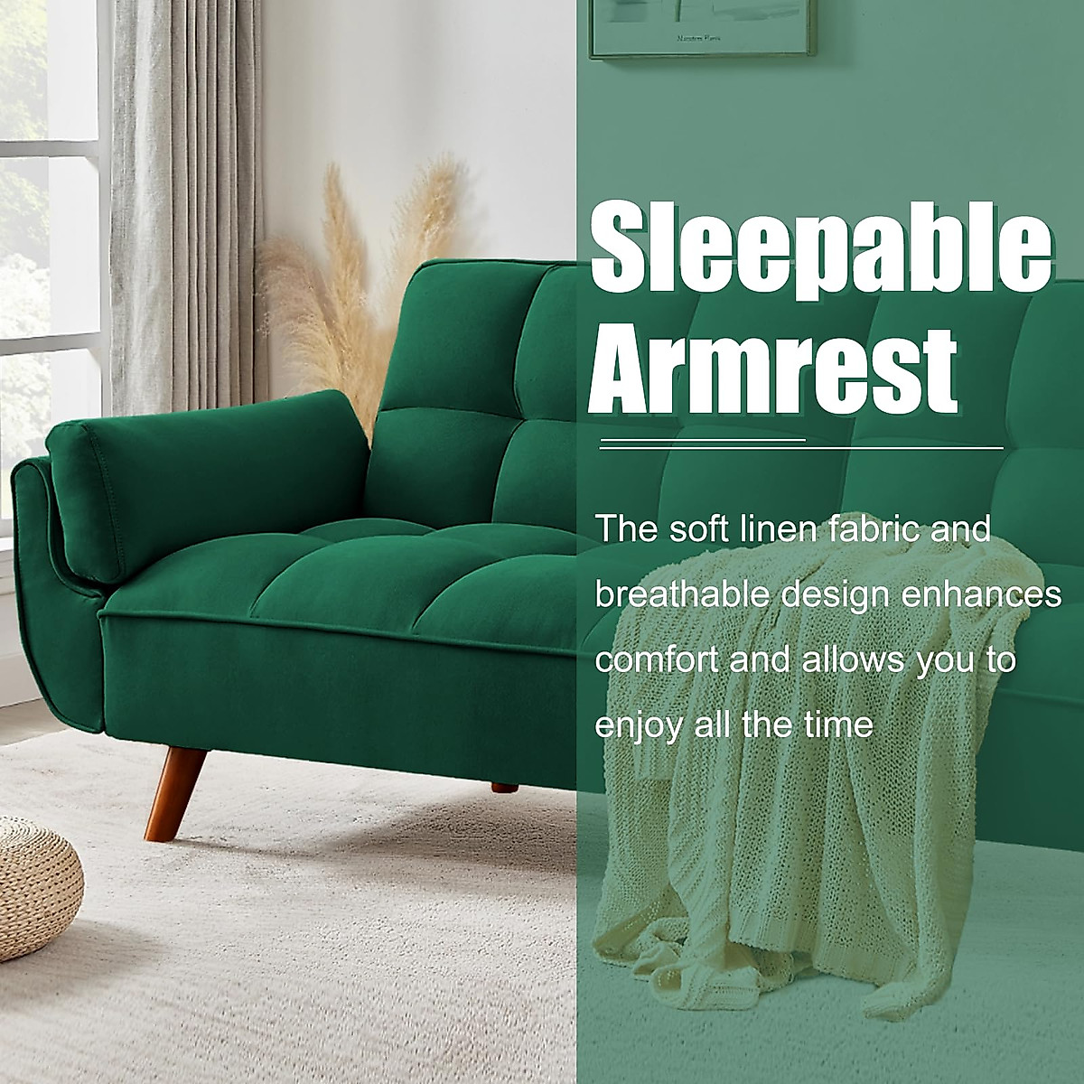 liuyouhom Convertible Futon Couch Bed, Sleeper Sofa Bed with Adjustable Backrests, Linen Loveseat Sofa 3 Seater Comfy Couch for Small Spaces, Living Room, Bedroom(Green, 75")