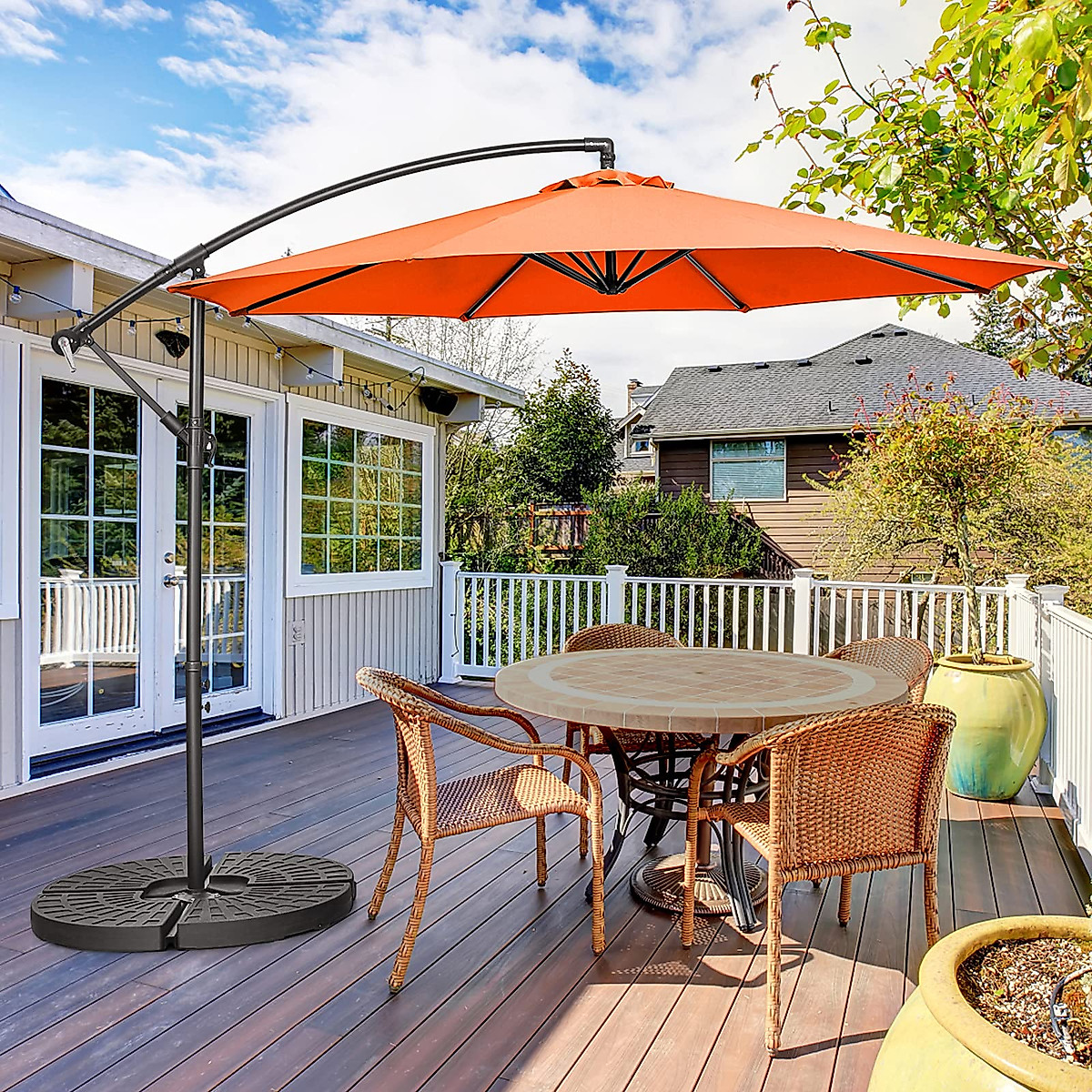 Tangkula 10 FT Patio Offset Umbrella with 8 Ribs, Outdoor Cantilever Umbrella with Cross Base and Crank, Market Hanging Umbrella for Garden, Poolside and Backyard (Orange)