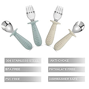 PandaEar 4 Set Baby Toddler Silicone Stainless Steel Utensils Silverware Spoon Fork for Baby Toddler BPA Free with Silicone Holding Anti-Choke Design