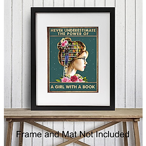 Inspirational Classroom Wall Art & Decor - Girls Bedroom - Never Underestimate A Girl With A Book - Positive Quotes - Girls Room - Girly Motivational Posters - Uplifting Encouragement Daughter Gifts