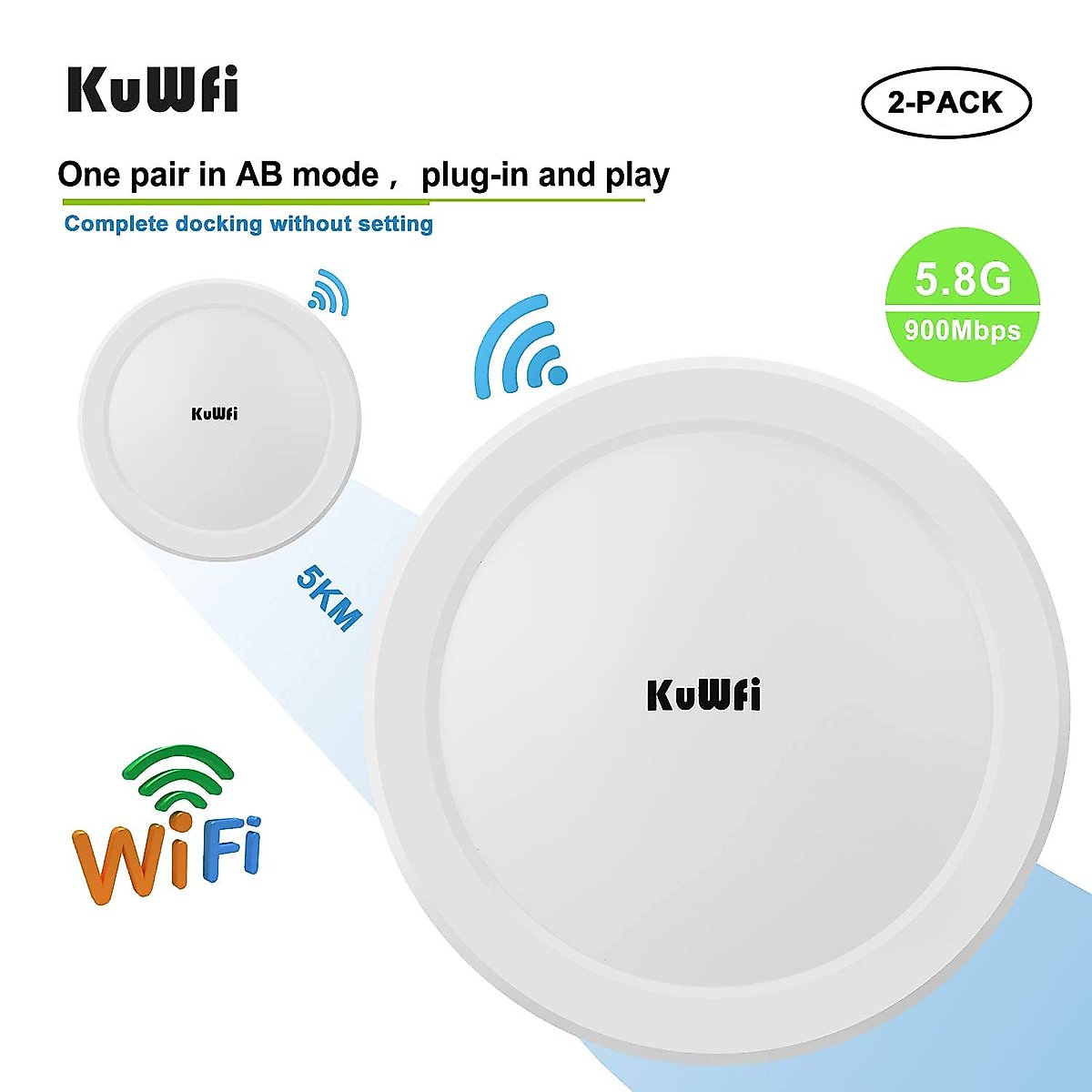 Outdoor Wireless Ethernet Bridge, KuWFi Long Range 5KM 11ac WiFi Bridge Point to Point Outdoor Get Faster Signal Built in Strong Powerful Antenna 5.8G High Speeds for starlink router丨2-Packs