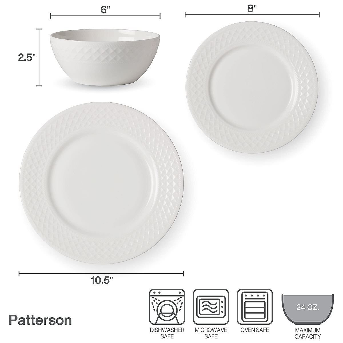 Mikasa Patterson Vegan Bone China Chip Resistant 12 Piece Dinnerware Set, White, Ashlyn, Service for 4