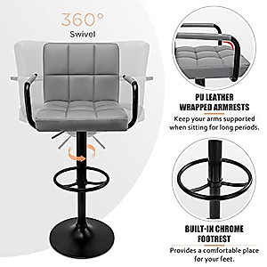 Huracan Adjustable Barstool with Armrest Swivel Bar Stools Set of 2 Counter Height Modern Bar Stool with Back Pu Leather Square Kitchen Island Barstools - Light Grey Base,2pcs