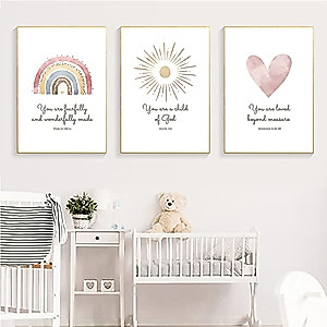 Boho Nursery Wall Art 3 Pieces Bible Verse Nursery Art Christian Girls Nursery Wall Art Heart Rainbow Sun Nursery Art Print Boho Sunshine Nursery Decor for Girl Baby Kid Room Decor 12x16 Inch Unframed