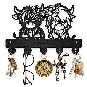MAYJOYDIY Wooden Calf with Flower Key Holder for Wall 11.8x7.8inch Small Cows Wall Mounted Key Rack Animal Theme Coat Hat Hook 5 Alloy Hooks for Entryway Front Door Hallway Wall Art Decor