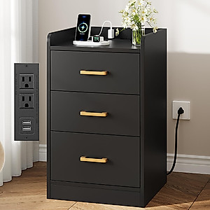 FOTOSOK Nightstands Set of 2 Black Nightstand with Charging Station, 3 Drawer Nightstand with Gold Handles, Black Nightstand for Bedroom, Modern Design End Side Table for Home, Office